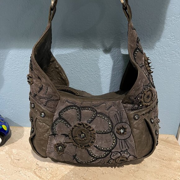 KIPPY'S | Bags | Euc Kippys Gray Suedeleather Rhinestone Hobo Satchel ...